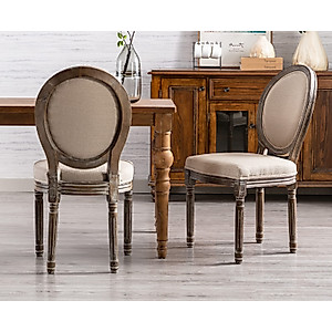 Kmax Farmhouse Dining Room Chairs, Brown Wood Legs Elegant Tufted Kitchen Chairs, French Distressed Bedroom Chairs with Round Back, Set of 8, Beige