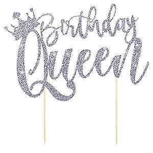 YUINYO Handmade Glitter Queen Birthday Cake Topper, Happy Birthday Cake Bunting Decor, Birthday Party Decoration Supplies (Sliver)