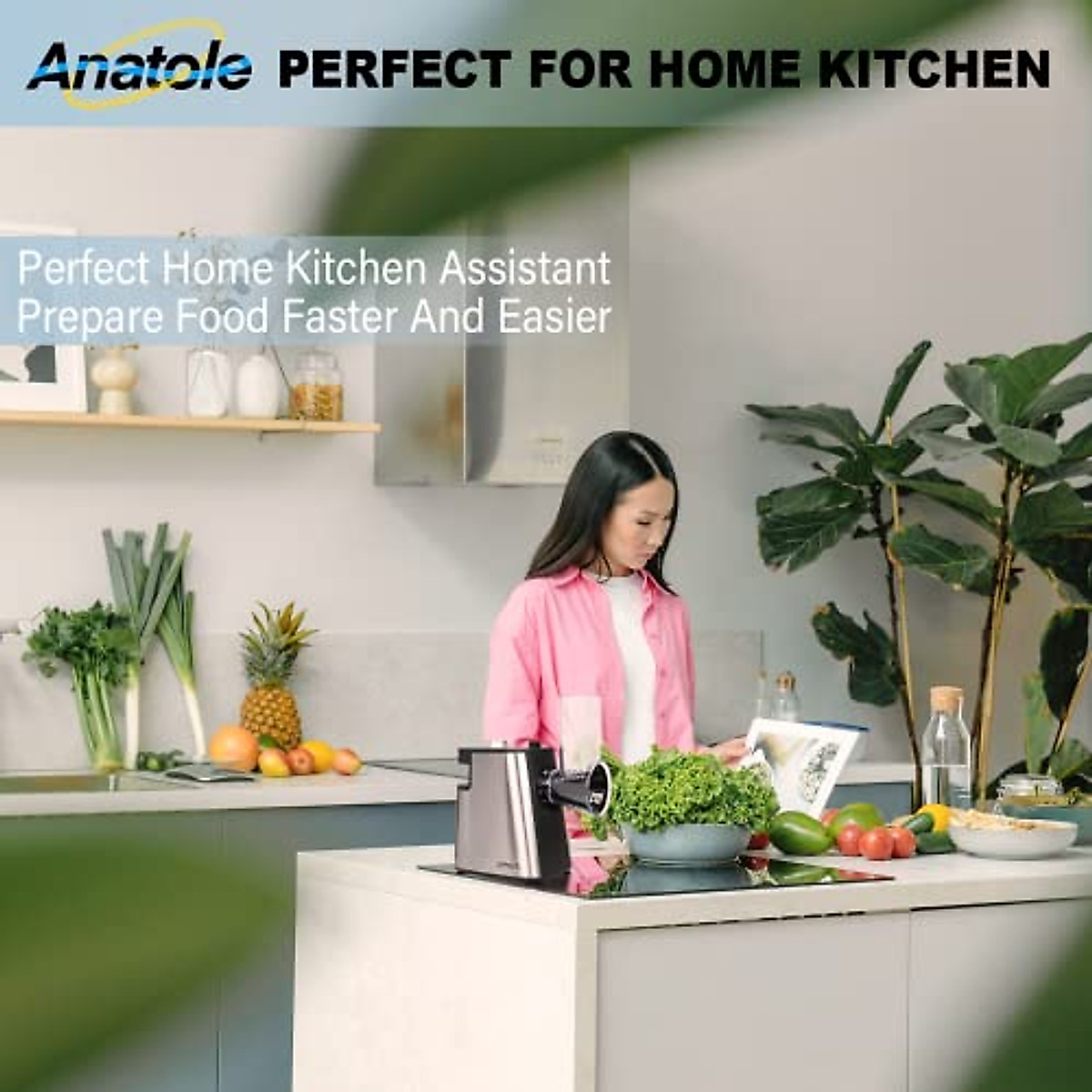 Anatole Electric Cheese Grater Shredder 250W Stainless Steel Automatic Vegetable Chopper Slicer Professional Salad Maker Food Processor Machine with 5 Blades for Home Kitchen BPA-Free 110V US-Plug