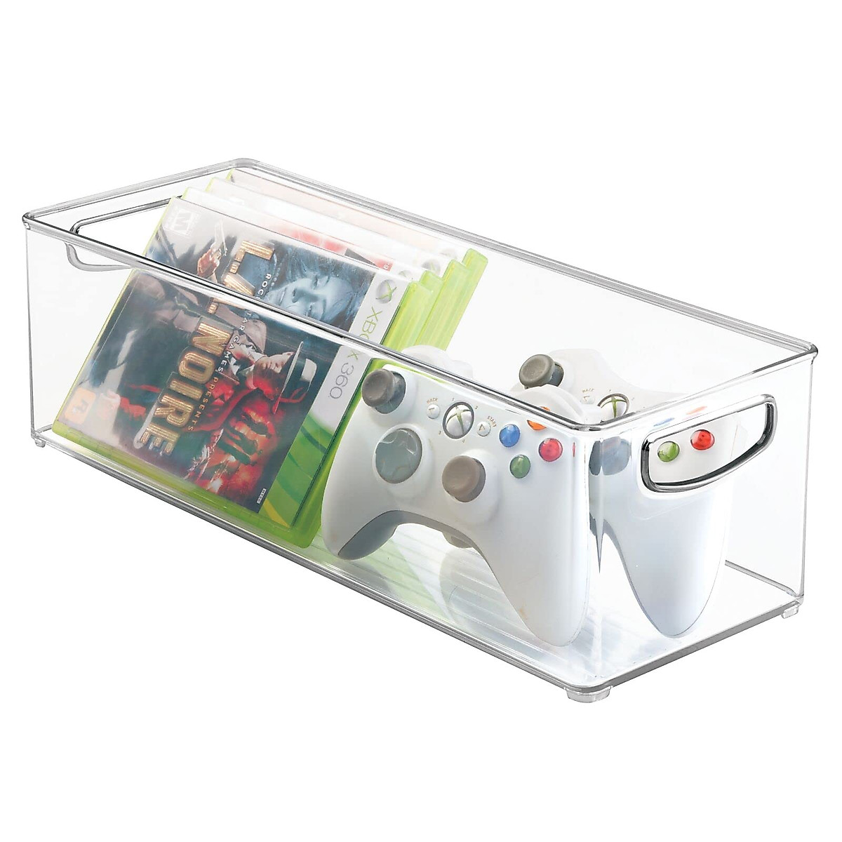 mDesign Plastic Video Game Organizer - Game Storage Holder Bin with Handles for Media Console Stand, Closet Shelf, Cabinets, Bookshelves - Holds Disc, Video Games - Ligne Collection - Clear