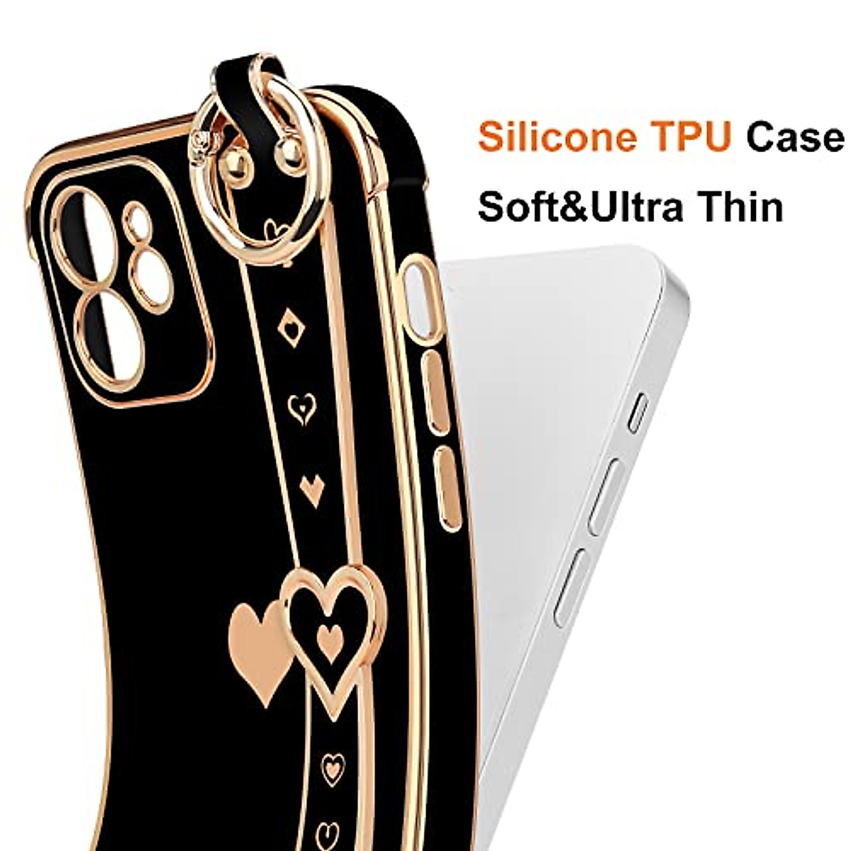 LLZ.COQUE for iPhone 12 Case Cute Love-Heart Plating Strap Phone Cover for Women Girls Bling Soft Silicone Camera Lens Protection Bumper Shockproof Phone Case for iPhone 12 (6.1'') - Black