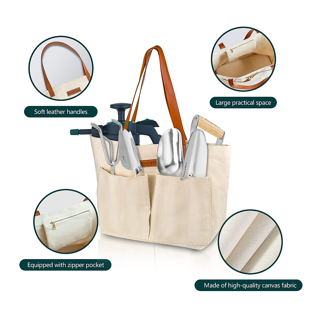 Berry&Bird Garden Tool Bag, Canvas Garden Tote With Pockets, Wear-Resistant Multi-Purpose Tool Storage Bag, Home Organizer Gardening Tool Kit for Indoor and Outdoor Gardening, 21.65" x 7.09" x 13.78"