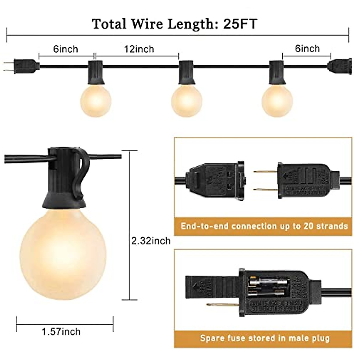 Pallerina 25Ft Frosted White String Lights with 27 G40 Globe Light Bulbs, Frosted Outdoor String Lights for Backyard Porch Balcony Party Wedding Umbrella, G40 5 Watt Bulbs E12 Base- Black Wire