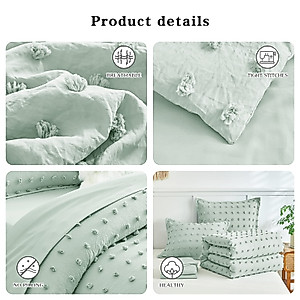 6 Pieces Tufted Dots Bed in a Bag Twin Comforter Set with Sheets Green , Soft and Embroidery Shabby Chic Boho Bohemian Comforters, Solid Color with Pom Pom Design, Jacquard Tufts Bedding Set for Kids