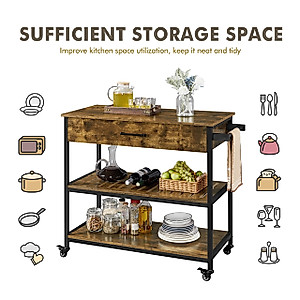 Topeakmart 40 Inch Mobile Kitchen Island Cart on Wheels for Home Kitchen, 40 Inch Rolling Utility Trolley Cart with Drawer and Storage Shelf, 3-Tier Large Kitchen Work Table Dining Cart, Rustic Brown