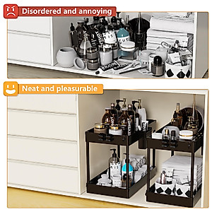 Johamoo 2 Pack Under Sink Organizer, 2-Tier Bathroom Kitchen Organizer and Storage with Support Tubes, Hooks, Hanging Cup, Under Cabinet Basket Organizers for Cleaning Supplies and Toiletries