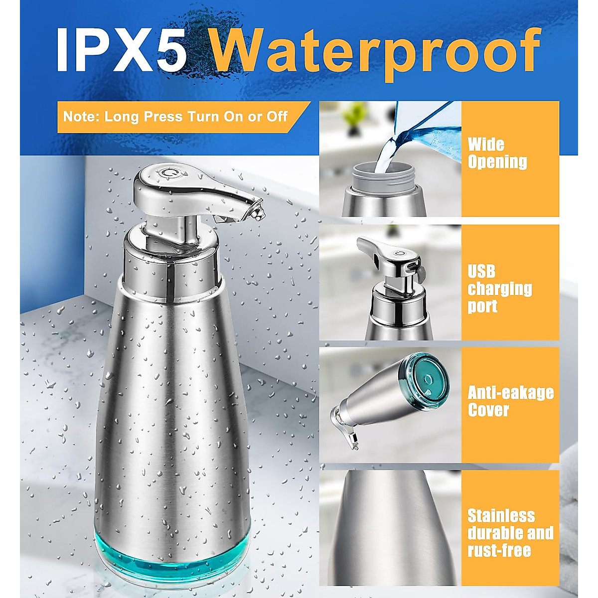 Kekele Baby Automatic foaming Soap Dispenser-Stainless Steel Sensor-14 Oz/400ml Sensor Auto Soap Dispenser Kitchen Sink,Bathroom,Kitchen-Rechargeable Electric Foam Touchless Stainless-silver