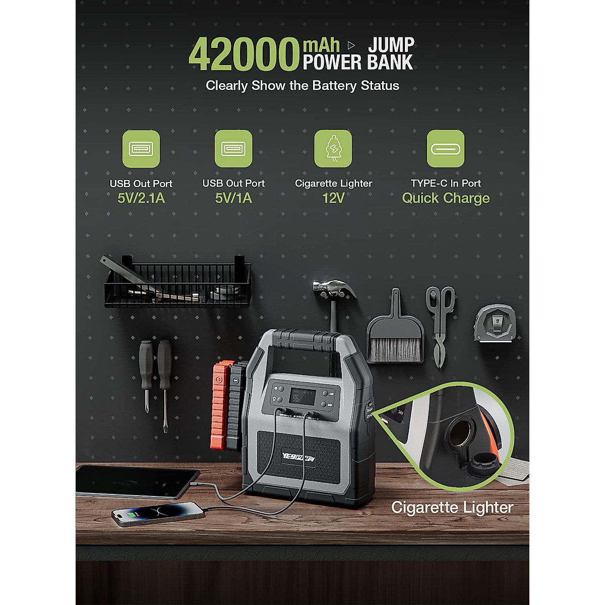 YESPER 12V/24V Car Jump Starter, 6000A Peak 4.1 lbs Portable Jump Starter Battery Pack 42000mAh Battery Booster Pack (Up to All Gas/Diesel Engine) Jumper Box with LED Screen…