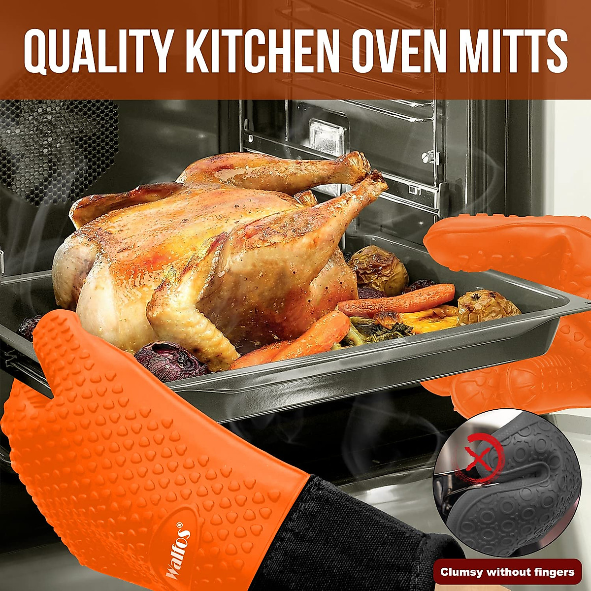 Walfos Silicone BBQ Gloves - Heat Resistant Grilling Gloves, Premium Non-Slip Kitchen Oven Mitt with Protective Cotton Layer Inside, Waterproof, Great for Grilling, Kitchen and Cooking, Orange