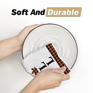 Artoid Mode Buffalo Plaid Edge Fall Leaves Pumpkin Home Kitchen Towels, 18 x 26 Inch Coffee Tea Bar Hand Towels Bathroom Gift Ultra Absorbent Set of 2