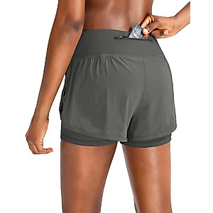 Women's 2 in 1 Running Shorts High Waisted Spandex Shorts Gym Yoga Workout Athletic Shorts for Women with Zipper Pockets(Army Green, XXS)