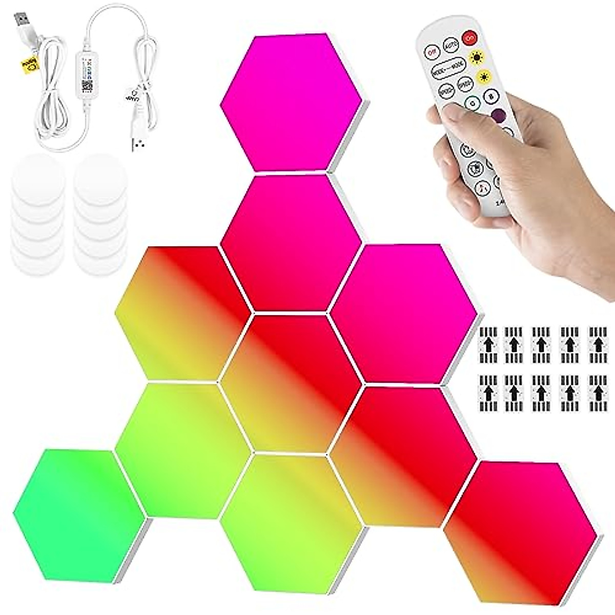 10 Pcs Hexagon LED Lights, Hexa Light Panels, Modular DIY Hexagon Wall Light APP and Remote Control Smart RGB Gaming Light Music Sync Hexagon Light Panels for Living Room, Bedroom, Gaming Rooms