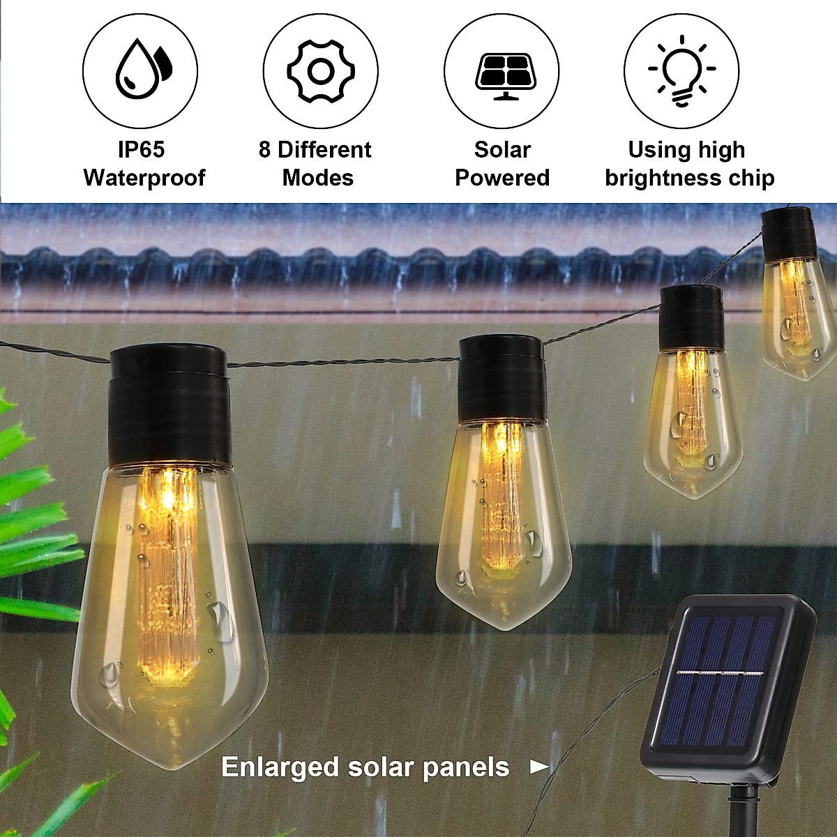 31 Feet Solar Outdoor String Lights Vintage Bulbs with 20 Dimmable Warm White Solar Powered LED Bulbs Waterproof Shatterproof Energy Saving LED Light with Solar Panel for Home Garden Festival Wedding