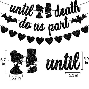 Black Glitter Till Death Do Us Part Banner Black Glitter Heart-Shaped Garland Cake Topper Latex Balloons Halloween Wedding Party Decorations Halloween Bachelorette Bridal Shower Decorations Halloween Engagement Party Supplies