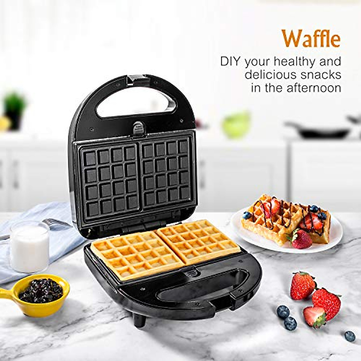 OSTBA Sandwich Maker 3-in-1 Waffle Iron, 750W Panini Press Grill with 3 Detachable Non-stick Plates, LED Indicator Lights, Cool Touch Handle, Easy to Clean