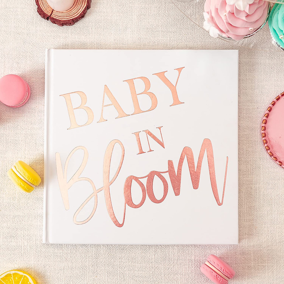 Calculs Polaroid Baby Shower Guest Book Baby in Bloom Signature Bridal Party Picture Book Blank Pages for Instant Film 8.5” Square White Cover Rose Gold Stamping