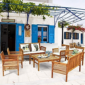 Tangkula 4 Piece Outdoor Acacia Wood Sofa Set w/Water Resistant Cushions, Padded Patio Conversation Table Chair Set w/Coffee Table for Garden, Backyard, Poolside (2)