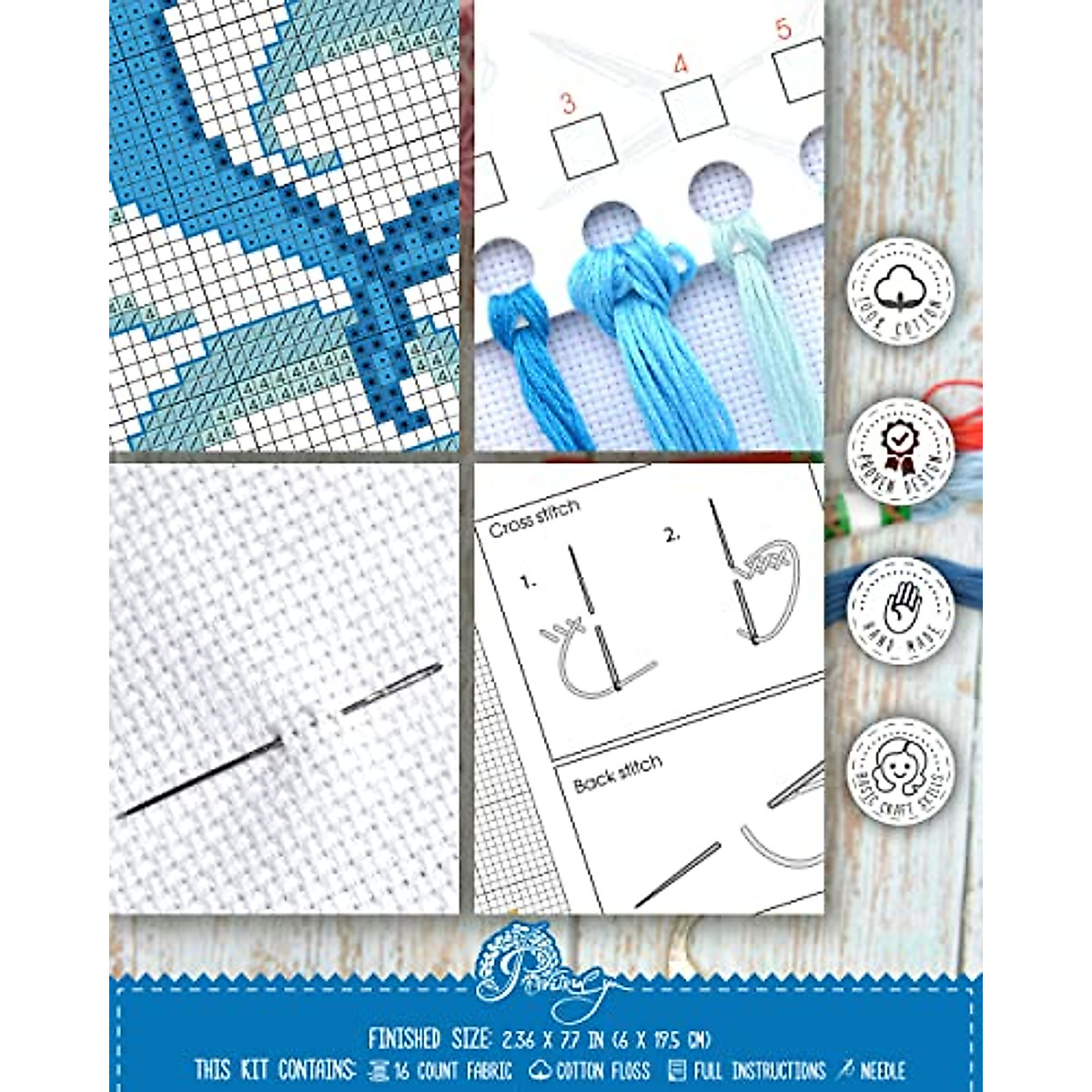 Dolphin Counted Cross Stitch Bookmark Kit for Adults - DIY Embroidery Book Marker Set with Paper Pattern, 16 Count Aida Canvas and Pre-Sorted Floss