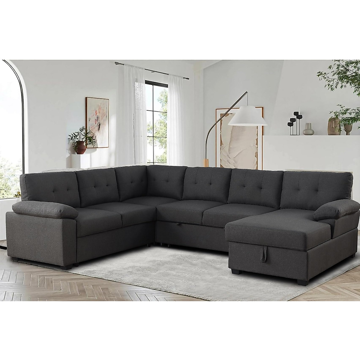 Sleeper Sofa Couch Bed with Pull Out Couch Living Room Set Sectional Sleeper Sofa with Storage Chaise Modular Couch Fabric Sofa Bed in Dark Grey