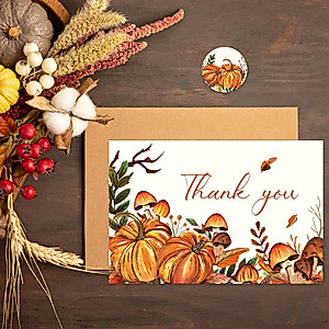Whaline 24 Pack Fall Thank You Cards Autumn Mushroom Pumpkin Leaves Greeting Cards with Envelopes Stickers Vintage Blank Note Cards for Thanksgiving Harvest, 4 x 6 Inch