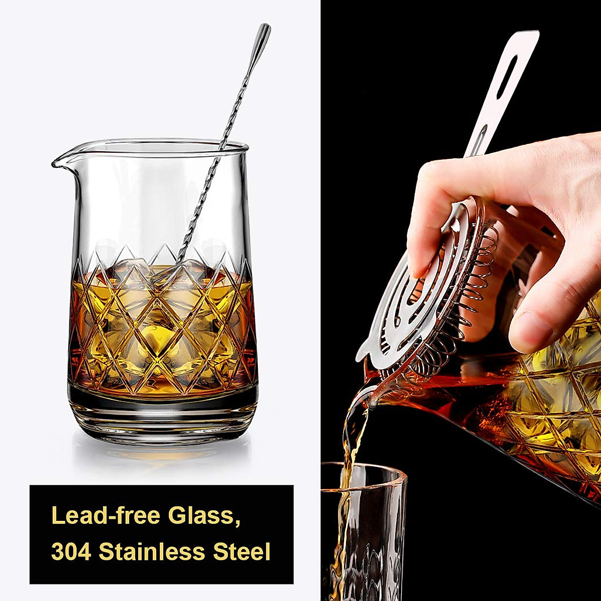 25 oz Crystal Cocktail Mixing Glass Set - Bartender Kit for Drinking Lover - Stainless Steel Hand Shaker, Spoon, Ice Tongs, Jigger, Pourer, Strainer & Muddler for Home Bar