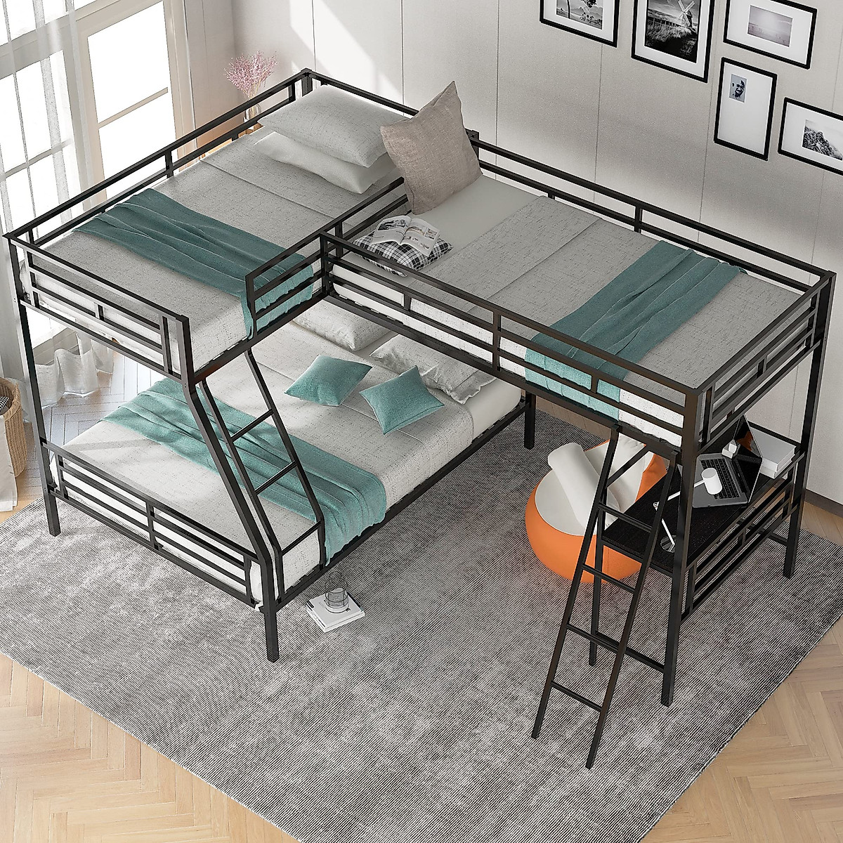 SZUBEE Twin-Over-Full Metal L-Shaped Triple Bunk Bed with a Twin Size Loft Bed & Desk, Space Saving Bedroom Furniture for Kids Teens, Black