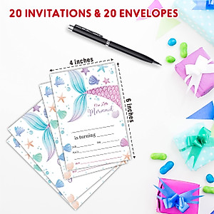 AWSICE Little Mermaid Birthday Invitations, Under The Sea Fill-In Invite Cards For Birthday Party, 20 Invitations With Envelopes, Decorations,Party Favor And Supply-B05