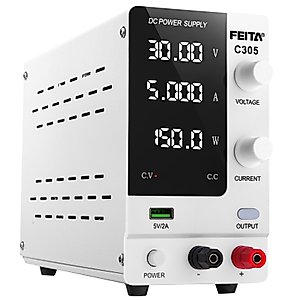 FEITA C305 DC Power Variable Supply Adjustable 30V 5A High Precision Bench Lab Power Supplies Programmable with Output Switch, 5V/2A USB Interface for Anodizing & Electroplating Kit