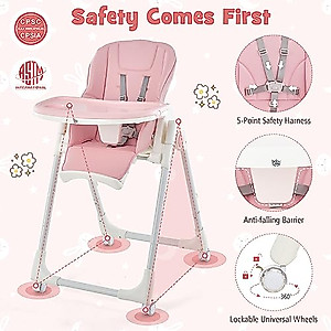 HONEY JOY High Chair with Wheels, Foldable Highchair for Babies and Toddlers, 6 Adjustable Heights, 3 Recline Backrest & Footrest, Double Tray, Quick Fold Portable Highchairs for Boys Girls(Pink)
