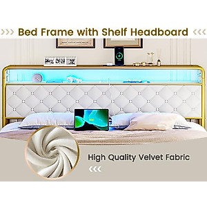 ADORNEVE King LED Bed Frame with Storage Headboard,Upholstered King Size Platform Bed Frame with Power Outlets & USB Ports,Velvet Tufted Headboard & Footboard,Noise-Free,Creamy White & Gold