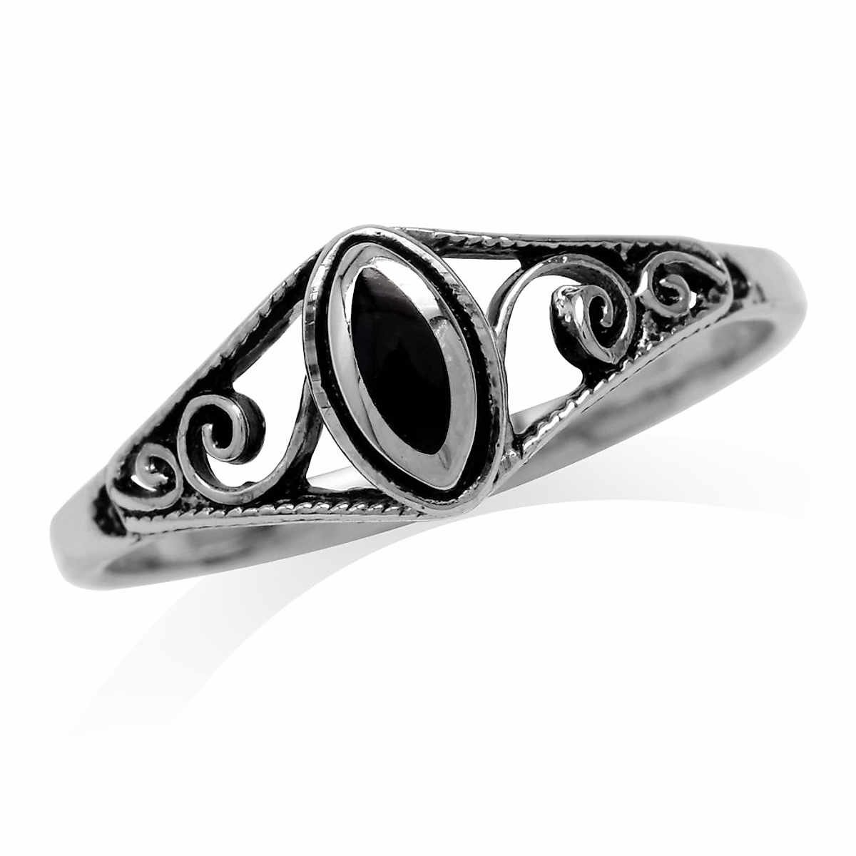 Silvershake Petite Created Black Onyx Inlay 925 Sterling Silver Filigree Swirl and Spiral Style Ring Size 6