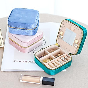 Fixwal Travel Plush Velvet Jewelry Box with Mirror Mini Jewelry Case for Women Girls Small Portable Organizer Boxes for Rings Earrings Necklaces Bracelet - Pink