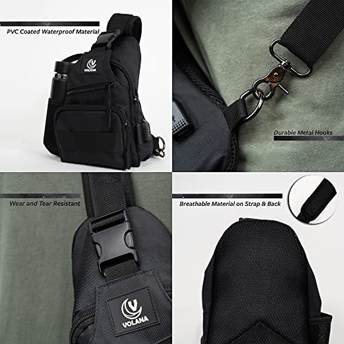 Volana Small Crossbody Backpack Sling bag for Men and Women (Black), lightweight Shoulder bag travel hiking Chest bag daypack