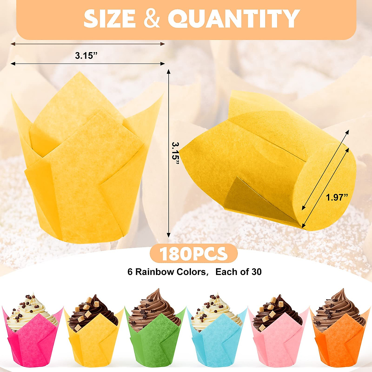 Queekay 180 Pcs Tulip Cupcake Liners, Baking Cup Holder Muffin Cupcake Liners Paper Wrappers Cupcake for Wedding Fall Thanksgiving Birthday Baby Shower Party Standard Size, 6 Colors
