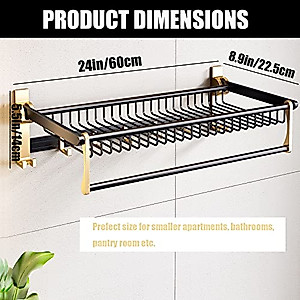 24HOCL 24 Inch Foldable Towel Rack Wall Mounted with Towel Bar/Basket, Bath Towel Shelf with Movable 7 Hooks for Bathroom Hotel Lavatory (Black+Gold)