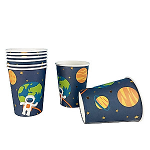Merrilulu Space Party Cups, 12 ct | Paper Cups | Outer Space Party Tableware | Astronaut, Rocket Ship, Planet, NASA