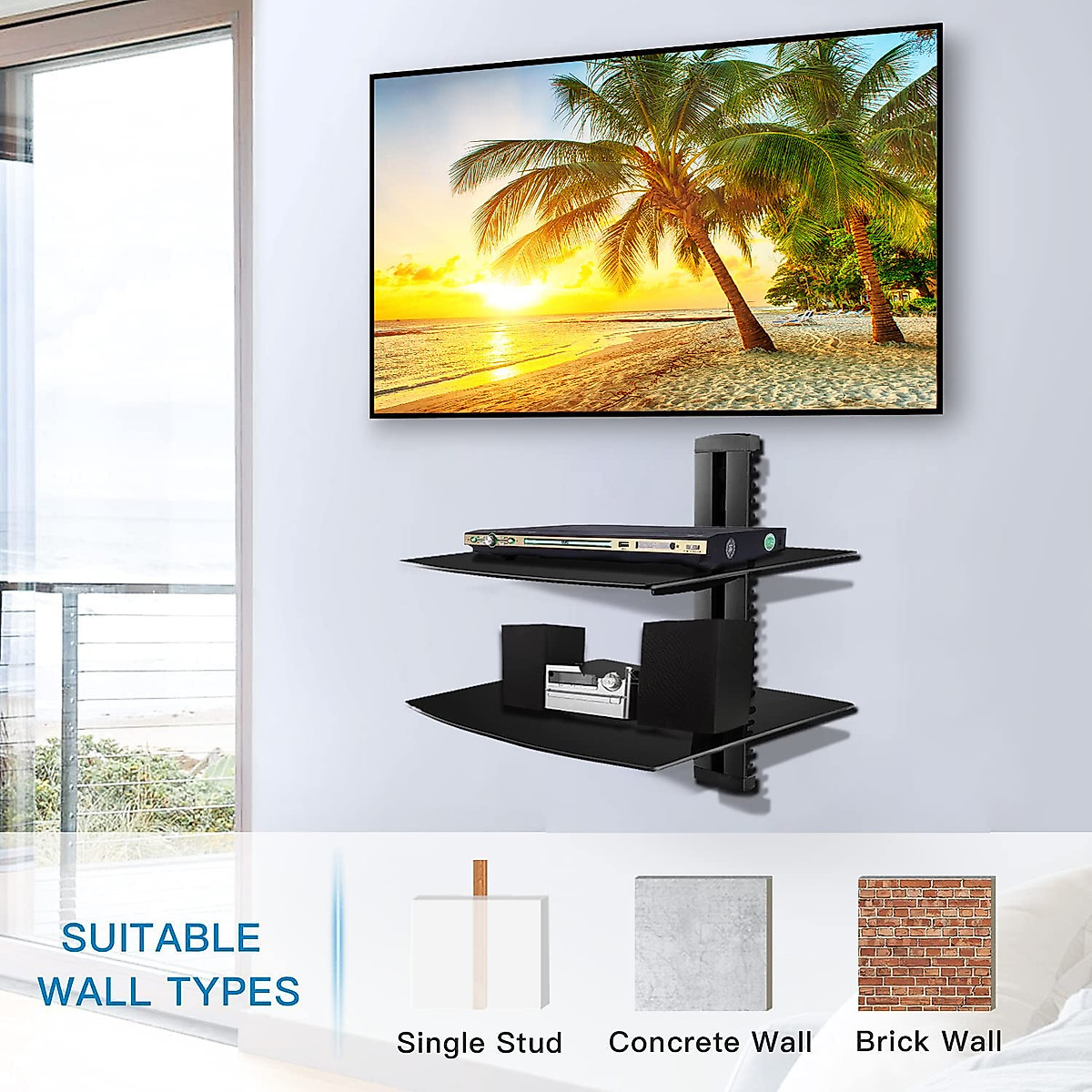 suptek Glass Floating Shelves, TV Wall Mount with Shelf for DVD Player / PS4 / Cable Boxes/Game Consoles/Sky Box/TV Accessories, Media Shelf, Flat Black Wall Mount Bracket, AV Shelf, 2 Tiers Shelves