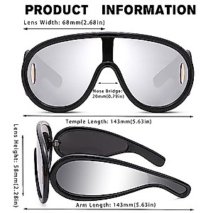 Fashion Cyberpunk Wave Mask Sunglasses for Women Men Oversized Futuristic Mirrored Shield Sun Glasses Shades (Black/Silver)