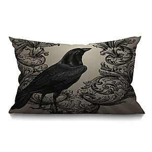 Smooffly Crow Throw Pillow Case Vintage Crow Black Flower Waist Lumbar Cotton Linen Cushion Cover Oblong Rectangle Pillowcase for Men Women Home Decorative Sofa Armchair Bedroom Livingroom 12x20 inch