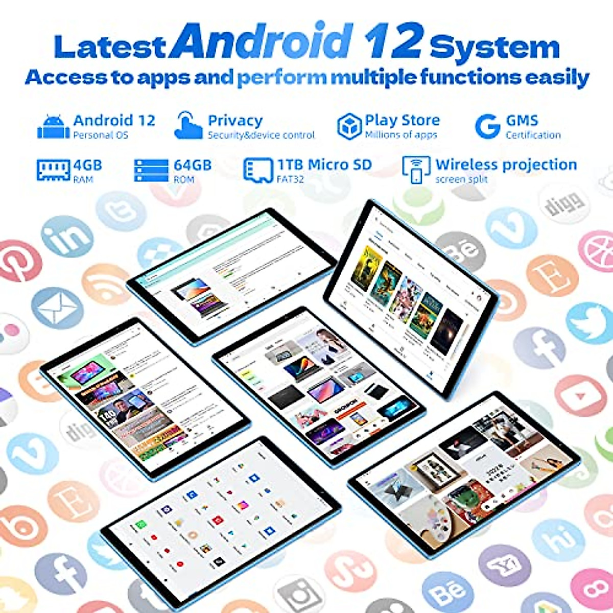 TECLAST Tablet 10 inch Android 12 Tablets, P25T 4GB RAM 64GB ROM 1TB Expand Android Tablet, Tableta with 1.8Ghz 4-core CPU, 2.4G+5G WiFi 6, 10.1'' IPS Screen, Dual Cameras, Bluetooth 5.0, Stereo, GMS