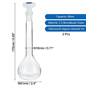 PATIKIL 100ml Volumetric Flask, 2Pcs 3.3 Borosilicate Glass Graduated Volumetric Measuring Flask with Plug Cap Tolerance 0.1ml for Lab Experiment, Clear