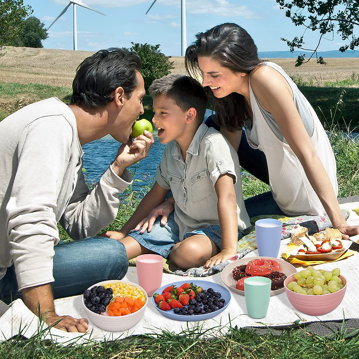 Wheat Straw Dinnerware Sets, 28PCS Plastic Plates and Bowls Sets College Dorm Room Essentials Dishes Set with Cutlery Set Microwave Safe (Colorful)