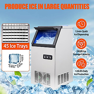 Commercial Ice Maker Machine, 120lbs/24H Counter Ice Maker with 24LBS Storage Bin, 12min Quick Ice Dispensing, Freestanding Ice Maker with LED Digital Display for Home Office Restaurant Bar