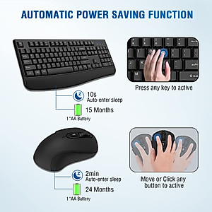 Full-Sized 2.4GHz Wireless Keyboard and Mouse Combo with Comfortable Palm Rest for Windows, Mac OS PC/Desktops/Laptops（Black）