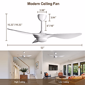 reiga 52-in Modern Bright White Ceiling Fan with Dimmable Light and Remote Control, 3 Blades Smart Ceiling Fans Reversible Quiet DC ETL Motor, 6-speed, Timer, for Bedroom Living Room and Patio