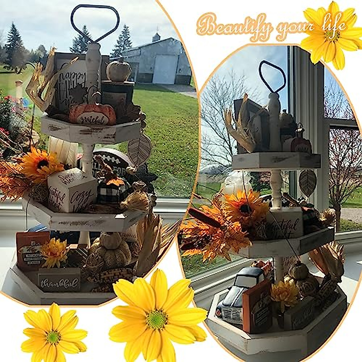 3 Tiered Serving Tray Wooden Farmhouse Decorative Tray, 3 Tier Tray for The Coffee Table, Kitchen Rustic Dinning Tiered Tray, Home Decor Tray, Three Tier Tray Cupcake Stand Display Tray