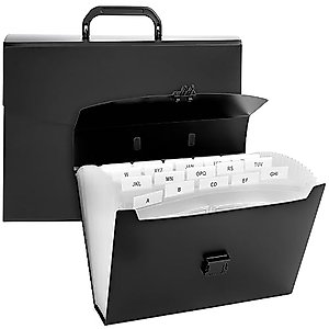 Juvale 25 Pocket Accordion File Organizer with Handle, Alphabetical Tabs, Expandable Portable File Tote for Letter Size Documents, Home, Office (13 x 10 x 3 in), Black