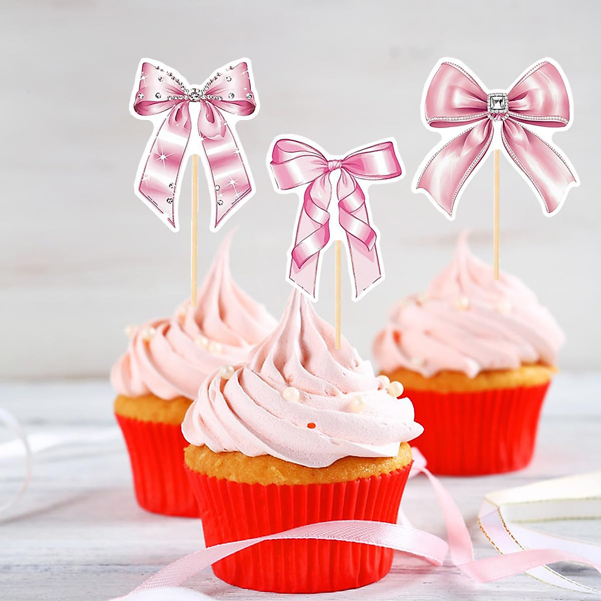 SAMOKA Pink Bow Cupcake Toppers,24 PCS Bow Birthday Cake Topper,Girls Birthday Party Decorations,Bowknot Cupcake Decorations for Bridal Baby Shower Birthday Wedding Themed Party