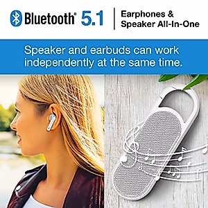 Acoustic Research – Model- ARTWS30, Duo Wireless Speaker and Earbuds – All-in-One Bluetooth Speaker, Earbuds and Charging Case, Hands-Free Calling, Built-in Travel Clip, Portable, Rechargeable – White