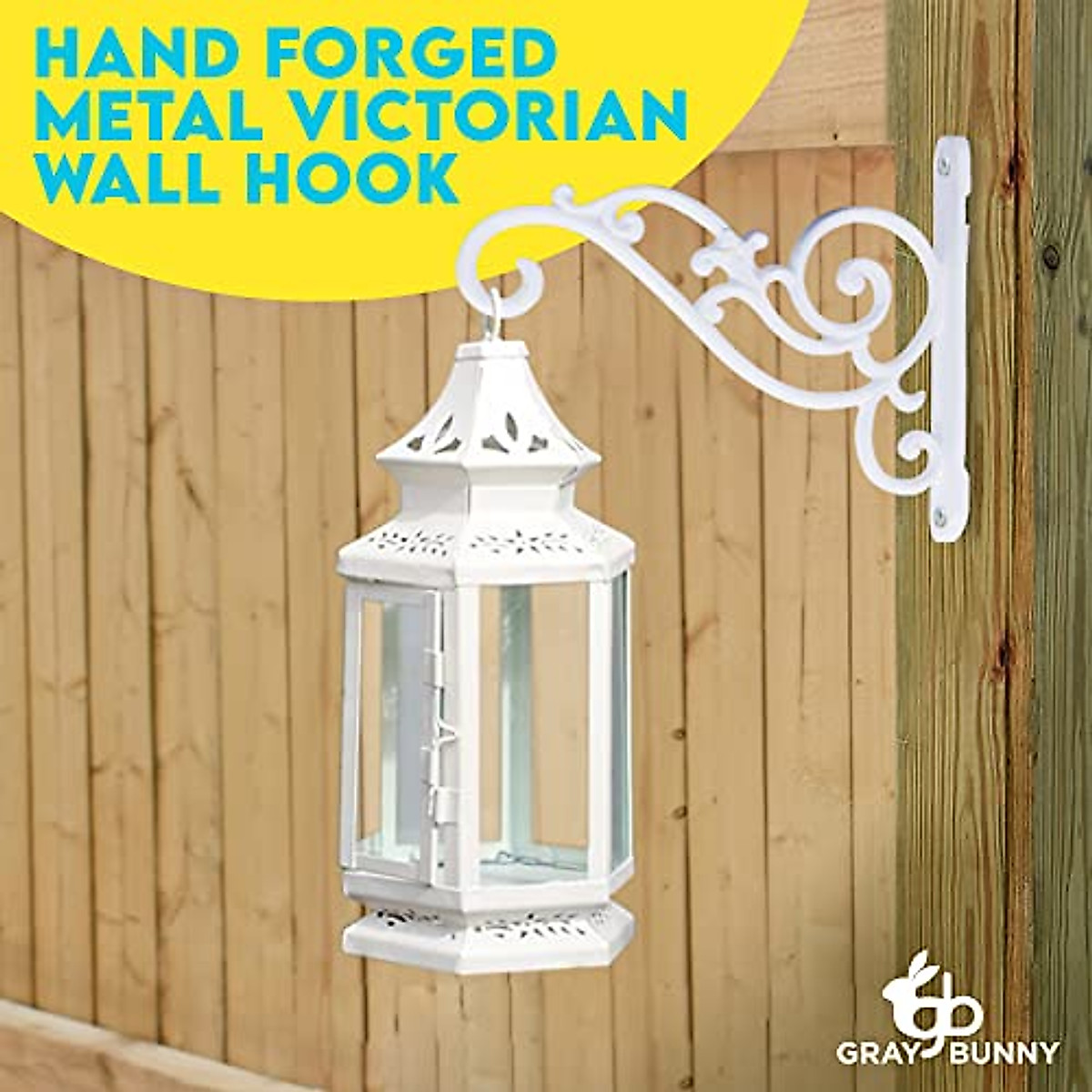 Gray Bunny Outdoor Plant Hanger Hook, 8” Large Victorian Heavy Duty Iron Wall Hooks for Bird Feeders, Lanterns, Wind Chimes, Patio Decor - White